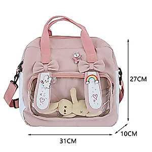 AZURAOKEY Kawaii Canvas School Backpack with Pendant, Korean Student Schoolbag Japanese Nylon Backpack Girl Travel Totes Shoulder Bags Back to School Off to College Supplies (Pink)