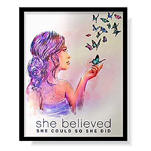 Inspirational 'She Believed She Could So She Did' Wall Art Poster Unframed, Positive Quotes Motivational Wall Decor for Women, Inspiring Girl & Butterflies Bedroom Wall Posters by Briteside Vibes