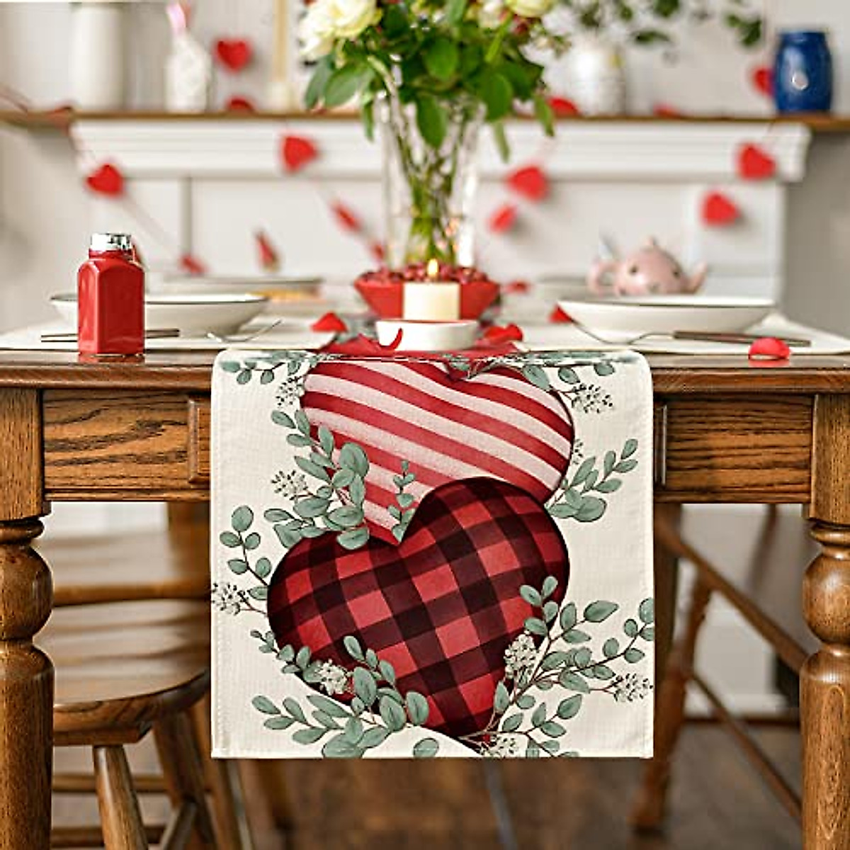 Artoid Mode Eucalyptus Hearts Mother's Day Table Runner, Holiday Kitchen Dining Table Decoration for Home Party Indoor 13x72 Inch