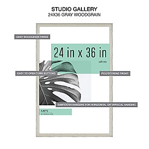 MCS Studio Gallery 24x36 Poster Frame Gray Woodgrain, Vertical & Horizontal Wall Hanging Large Picture Frame for Photos, Posters & Art Prints (1-Pack)