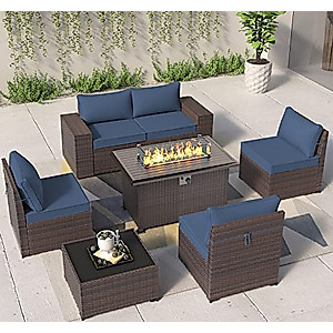 ASJMR Outdoor Patio Furniture Set with Gas Fire Pit Table, 7 Pieces Patio Furniture Set Outdoor Sectional Sofa w/43in Propane Fire Pit, PE Wicker Rattan Patio Conversation Set - Dark Blue