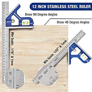 WORKPRO Aluminum Alloy Carpenter Square and Zinc-Alloy Square Ruler Set - 7 in. Rafter Layout Tool and 12 in. Combination Square Combo