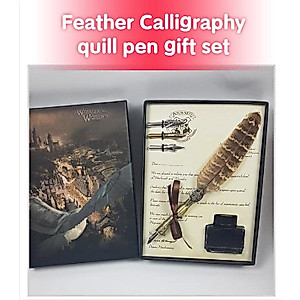 DSWINCE Feather Calligraphy Pen Set for Beginners,Metal Nib Writing Quill Ink Pen Vintage Fountain Dip Pen Gift Set (Owl feather pen)
