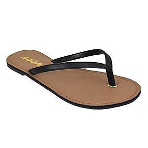 Soda Shoes Women Flip Flops Basic Plain Sandals Strap Casual Beach Thongs FELER, 11, Black Pu