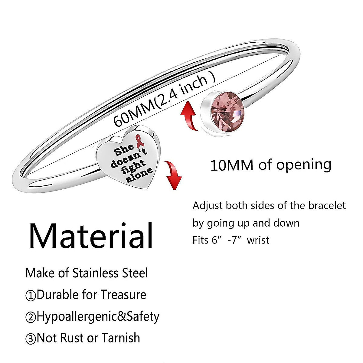 BNQL Breast Cancer Awareness Bracelet Cancer Awareness Jewelry Pink Ribbon Bracelet She Doesn’t Fight Alone (SILVER)