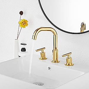 GGStudy 360° Swivel Spout Two Handles 3 Holes 8-16 inch Widespread Bathroom Sink Faucet Gold Finish Matching with Pop Up Drain