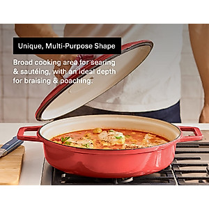 Misen Enameled Cast Iron Braiser Pan with Lid - Shallow Depth for Braising & Poaching - Durable Cookware - Oven Safe - Easy Handling - Chip-Resistant Enamel - Multi-Purpose Cooking - Red