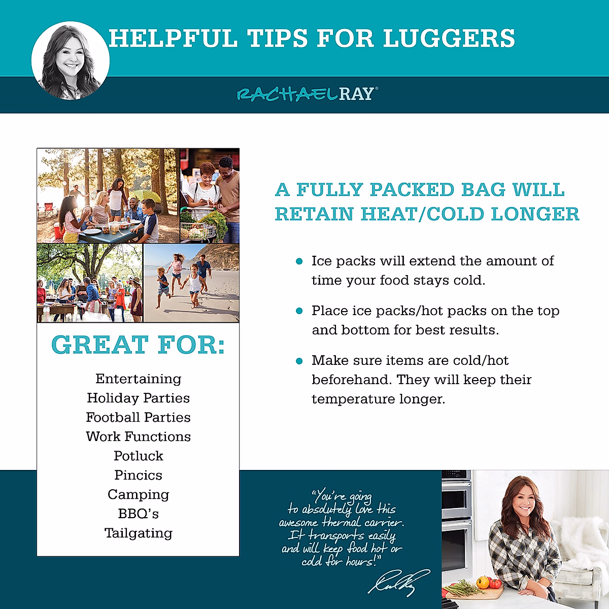 Rachael Ray Expandable Insulated Casserole Carrier for Hot or Cold Food, Thermal Lasanga Lugger Tote for Pockluck, Parties, Picnic, and Cookouts, Fits 9" x 13" Baking Dish, Sea Salt Grey