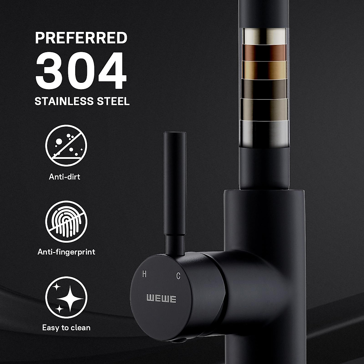 WEWE Black Kitchen Faucet, Kitchen Faucets with Pull Down Sprayer Commercial Stainless Steel Single Handle Single Hole Kitchen Sink Faucet for Farmhouse Camper Laundry Rv Bar