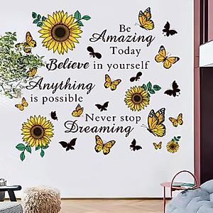Inspirational Quote Wall Decals Sunflower Wall Stickers Removable Positive Saying Wall Lettering Stickers Peel and Stick for Classroom Home Bedroom Family Office Wall Art Decor