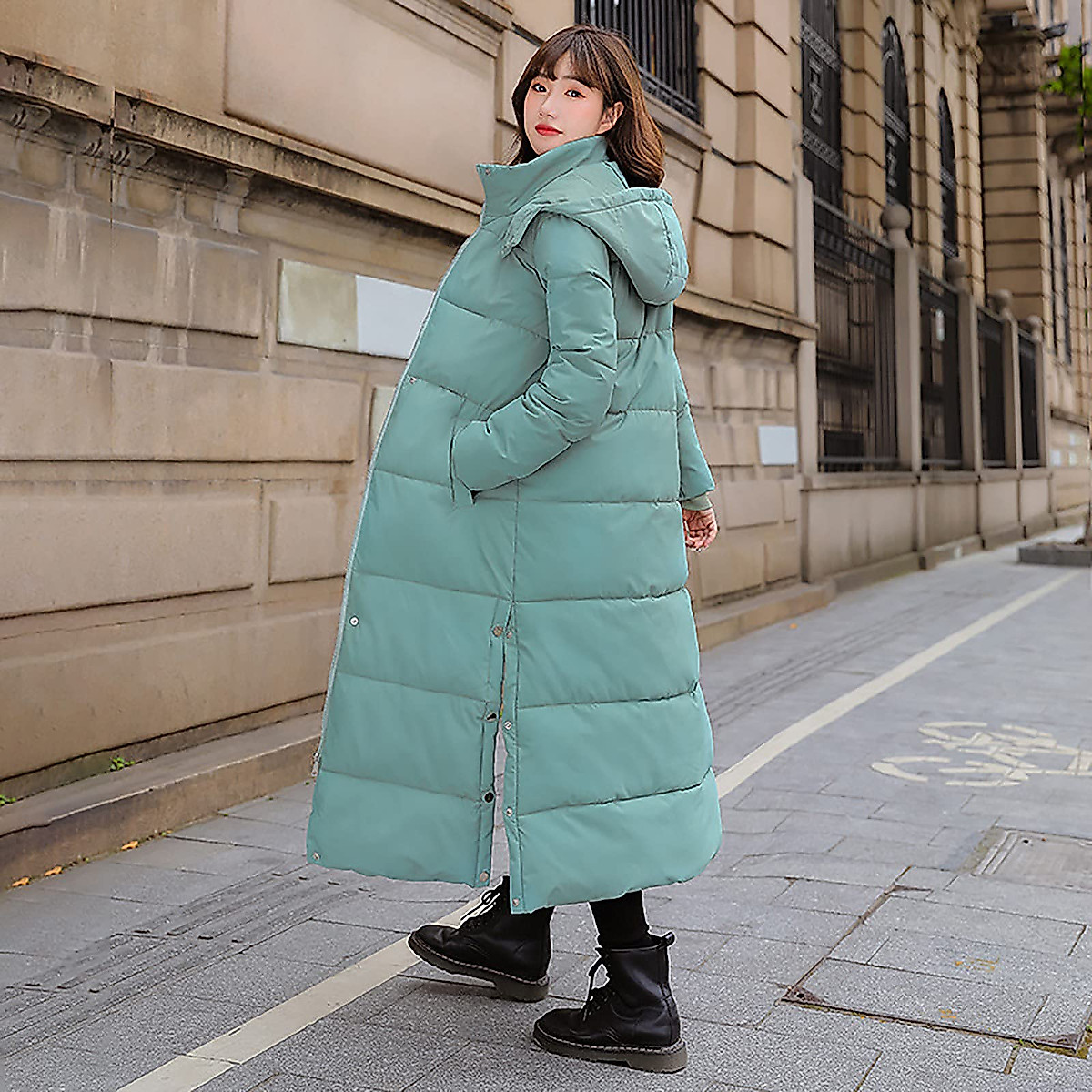 SMIDOW promo codes for today Women's Long Quilted Coat Fashion Ladies Maxi Length Winter Thickened Hooded Puffer Jacket Side Slit Button Outwear womens long winter coat Green 2X