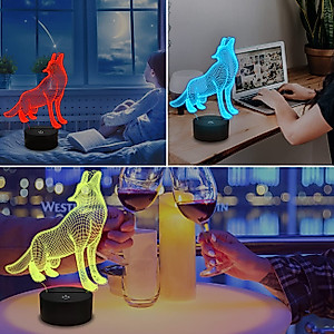 FULLOSUN Wolf Gift 3D Light, Optical Illusion Bedside Night Lamp, 16 Color Changing with Remote Control Creative Room Decor Best Birthday for Kids Boys Men