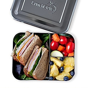 LunchBots Large Trio Stainless Steel Lunch Container -Three Section Design for Sandwich and Two Sides - Metal Bento Lunch Box - Eco-Friendly - Stainless Lid - Pink Dots