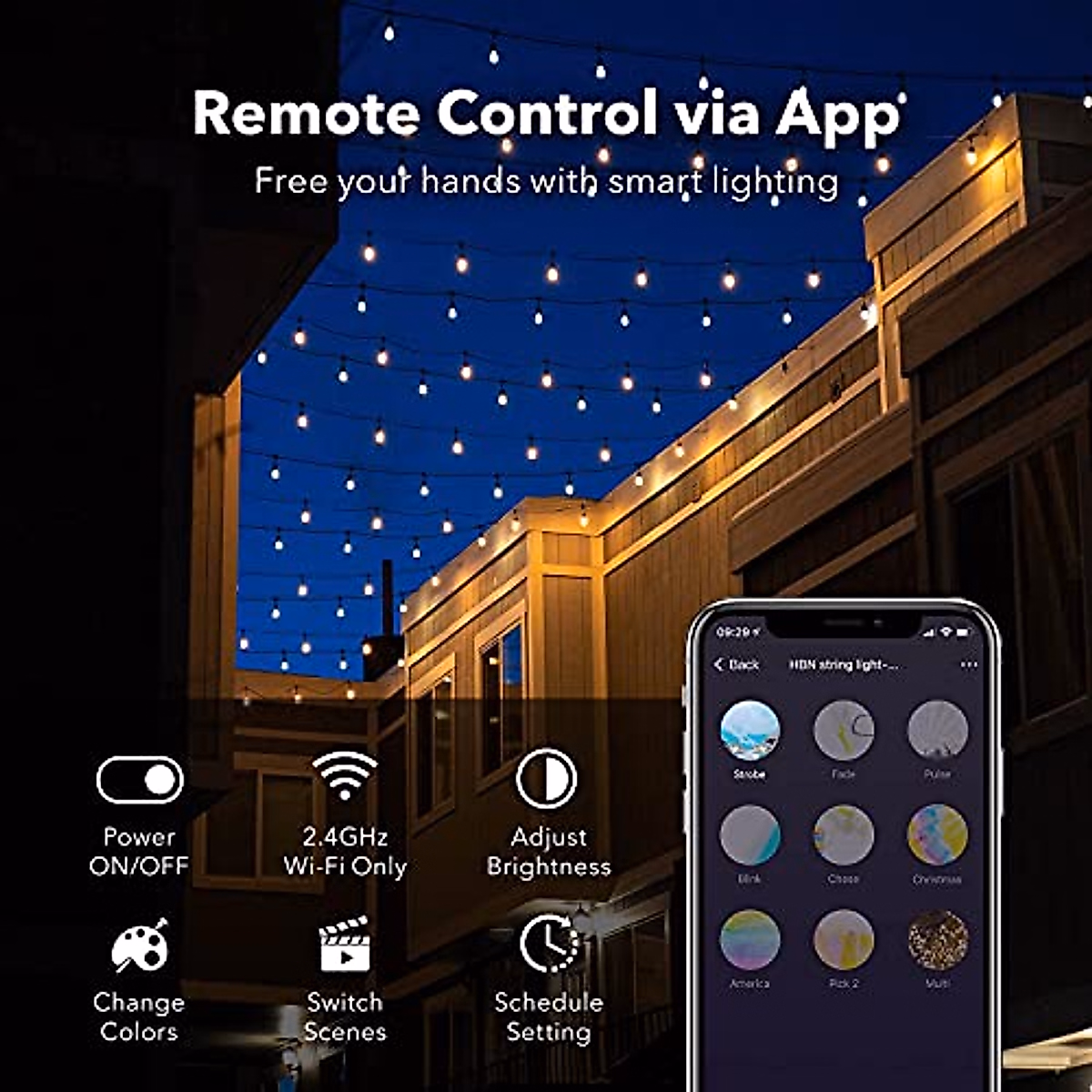 HBN Color Changing String Lights 36ft Smart LED String Lights Outdoor RGBW Patio String Lights Waterproof IP65, 2.4 GHz Wi-Fi&Bluetooth App Control 18 Acrylic Bulbs Work with Alexa Google