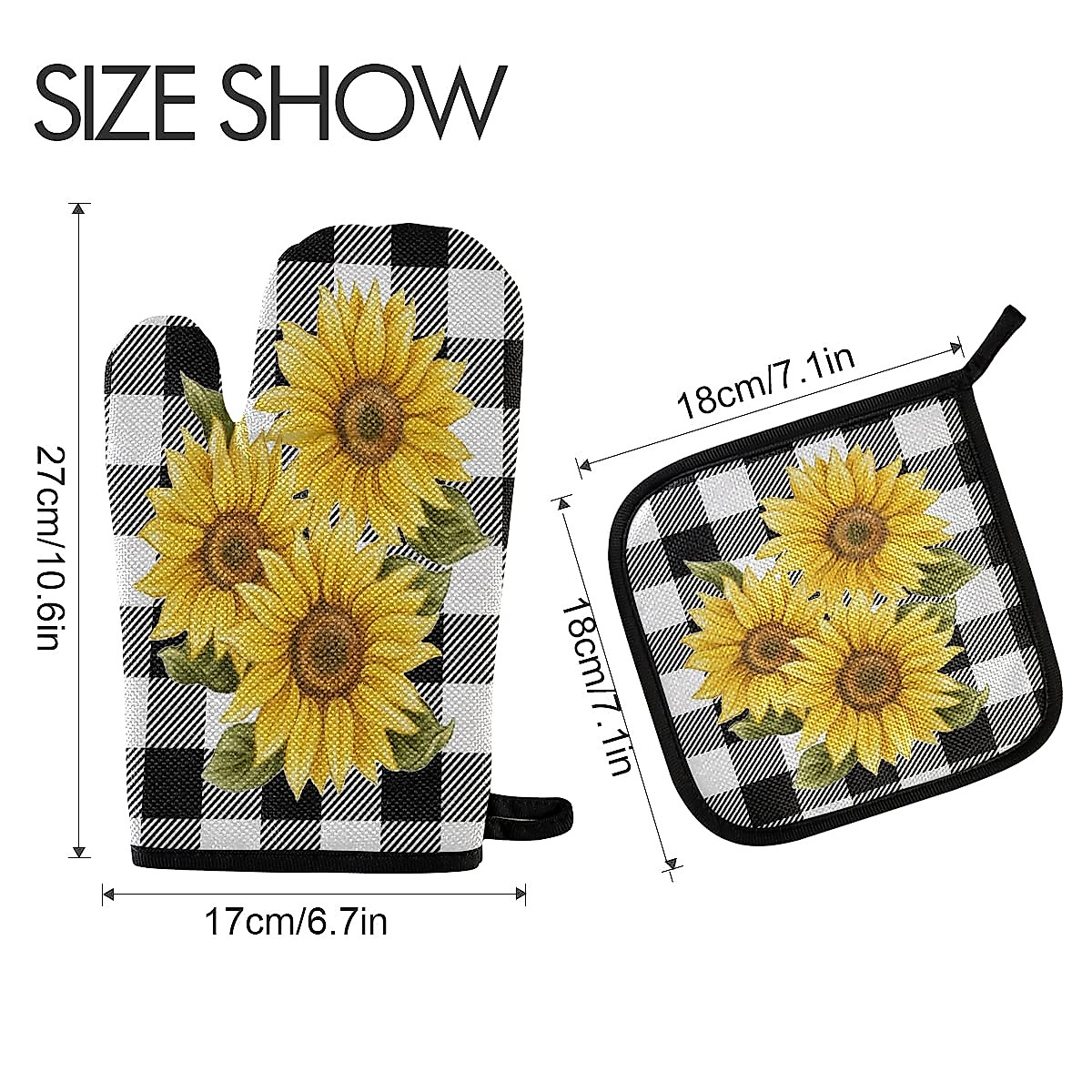 Sunflower Black White Buffalo Plaid Oven Mitts and Pot Holders Yellow Floral Lumberjack Check Cooking Gloves Kitchen Trivet Mats 2-Piece Set Non-Slip Heat Resistant Pad for Baking BBQ Home Decor