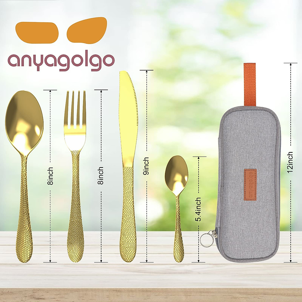 Anyagolgo Travel Utensils Set Stainless Steel Portable Utensils Set with Case Reusable 4pcs Steak Knife,Fork,Spoon,Coffee Spoon,Lunch Utensils with Case for Work Office School Picnic Camping (golden)