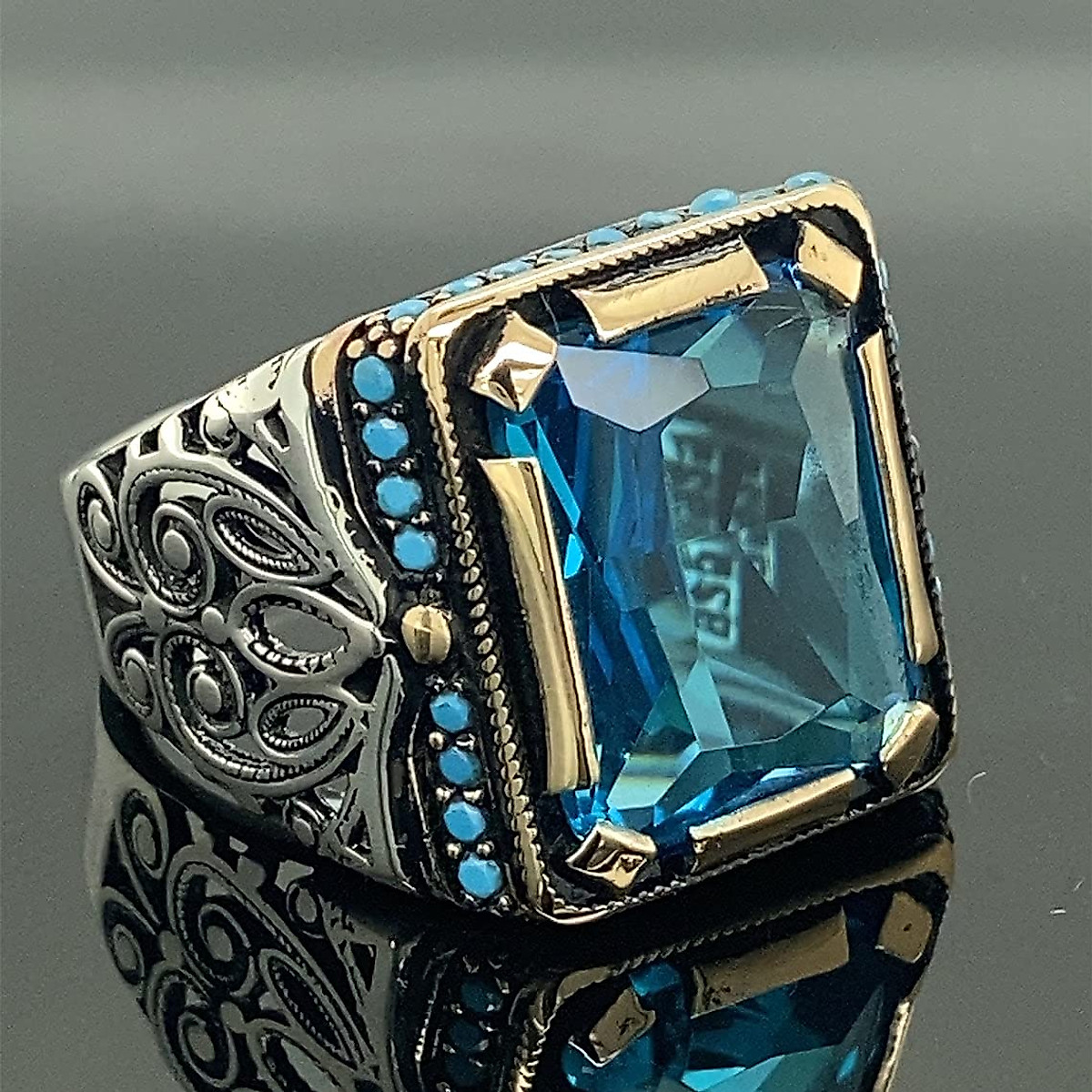 Men Aquamarine Stone Ring, Blue Stone Ring, Vintage Men Ring, Turkısh Ottoman Men Ring, 925k Sterling Silver Ring,