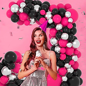 Hot Pink Black Balloon Garland Arch Kit, 122PCS Rose Red Black Hot Pink Balloons Metallic Silver Balloons for Birthday Wedding Engagement Baby Bridal Shower Anniversary Girl Spa Party Decorations