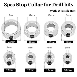 Muye 2 Set 8pcs Metric Woodworking Drill Stop Collar Set 3mm-16mm Nickel Plated Drilling Bit Depth Stopper with 2 Hex Wrenchs Drill Bit Limited Ring Silver Carbon Steel