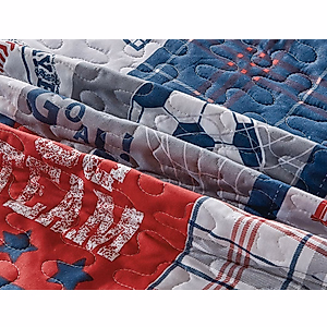 Linen Plus Bedspread Set Kids/Teens All Star Sport Basketball Soccer Baseball Football Plaid Patchwork Pattern Blue Red Grey Orange White # Go Team (Twin)