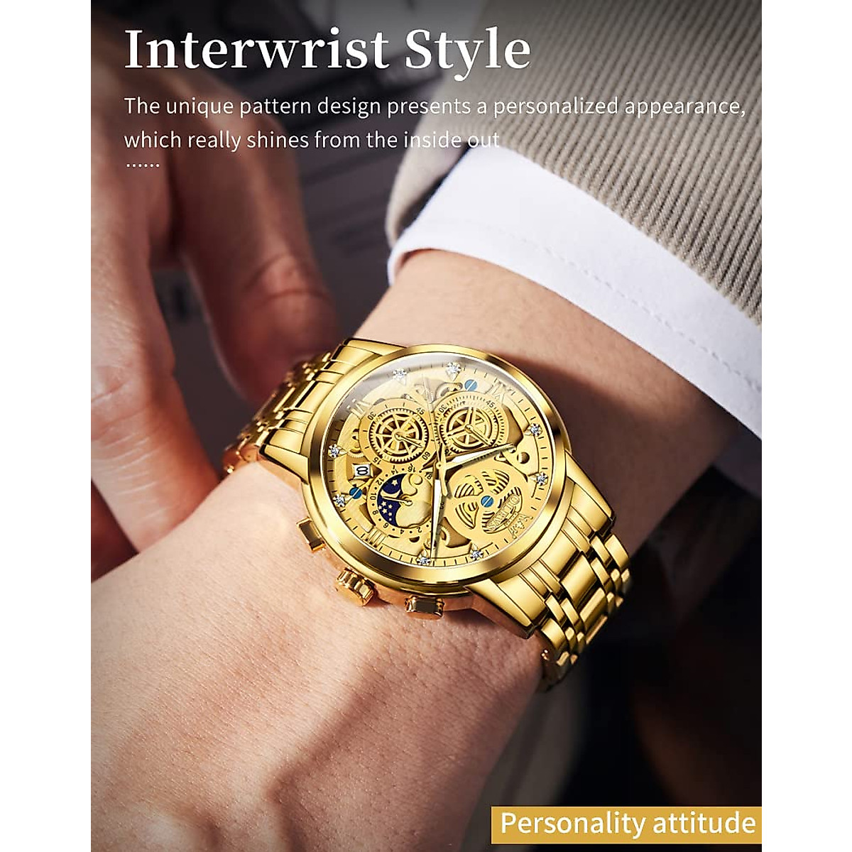 OLEVS Mens Watch Chronograph Luxury Diamond Dress Business Analog Quartz Wrist Watches Stainless Steel Waterproof Luminous