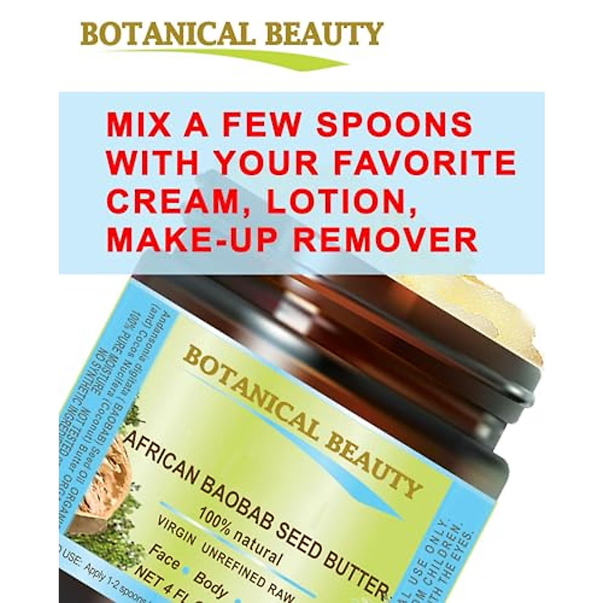 Botanical Beauty BAOBAB SEED OIL BUTTER 100% Natural RAW VIRGIN UNREFINED for Skin, Hair, Lip and Nail Care. 8 Fl. oz. - 240 ml. Rich in Vitamin E