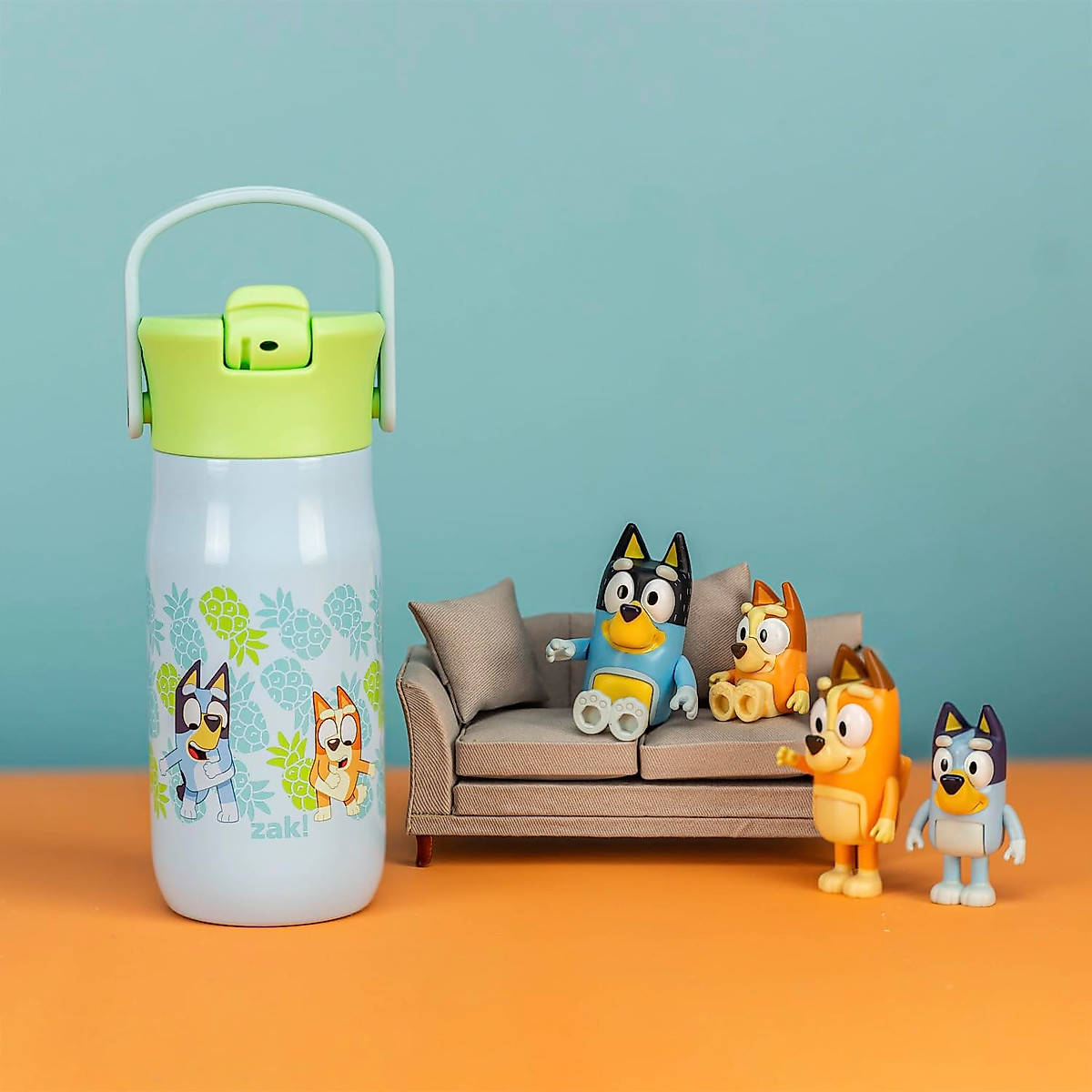 Zak Designs Harmony Bluey Kid Water Bottle for Travel or At Home, 14oz Recycled Stainless Steel is Leak-Proof When Closed and Vacuum Insulated (Bluey, Bingo, Muffin)