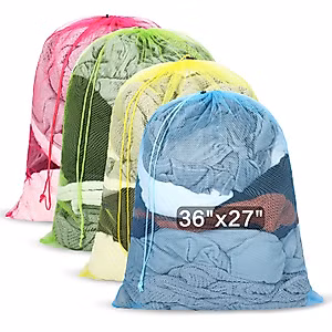 Locmeo 4 Pcs Mesh Laundry Bags Multicolor 27 x 36 Inches Washable Laundry Hamper Liner with Locking Drawstring Closure Sturdy Laundry Mesh Wash Bags for Travel, Storage, Sports, College, Dorms