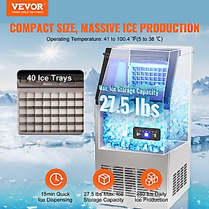 VEVOR Commercial Ice Maker Machine, 80lbs/24H Ice Maker Machine with 27.5lbs Storage Capacity, 40 Ice Cubes in 12-15 Minutes, LED Digital Display Commercial Ice Maker for Bar Home Office Restaurant