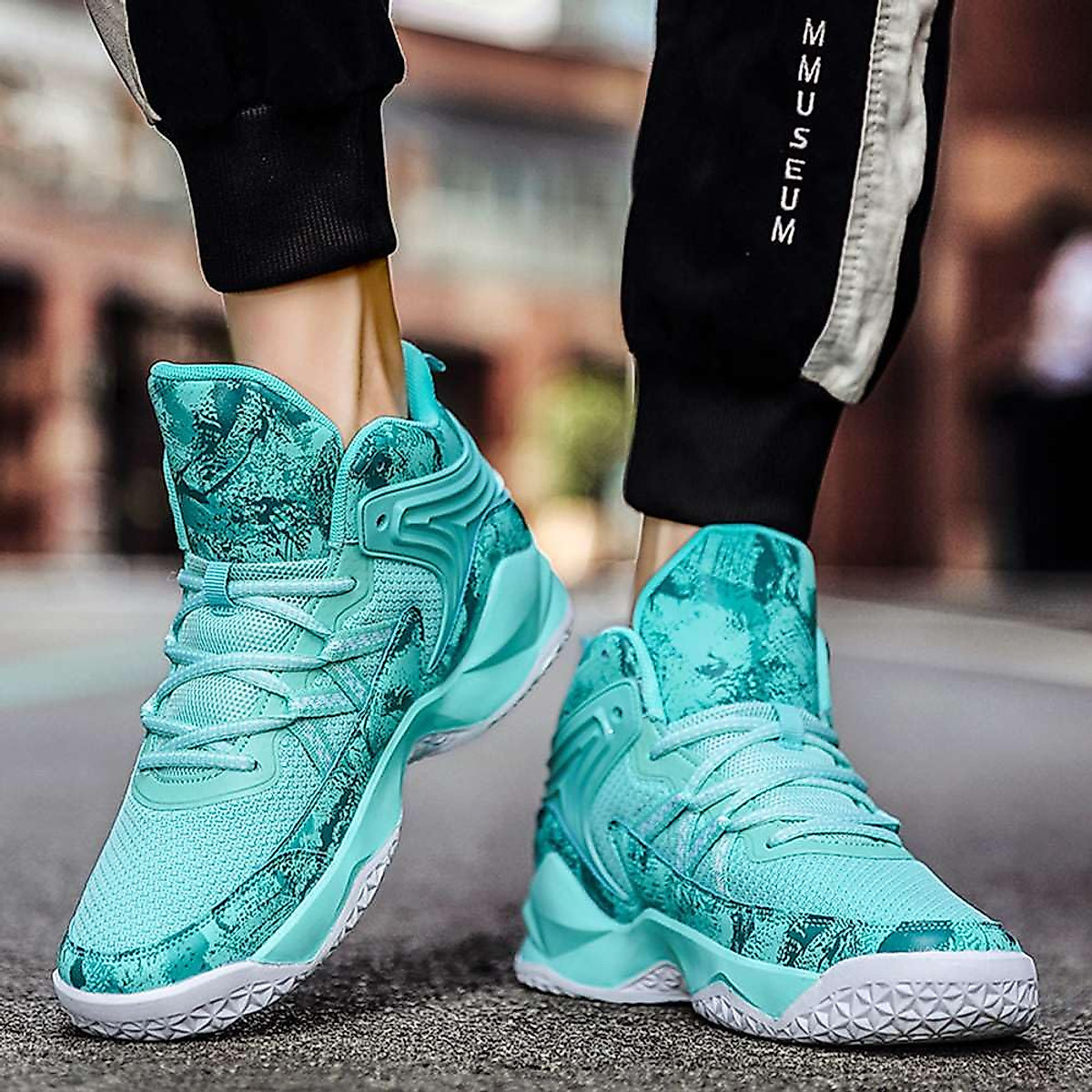 WELRUNG Unisex's High Top Lightweight Fly-weaving Running Jogging Sneakers Sports Tennis Basketball Shoes Green 11.5/10 US