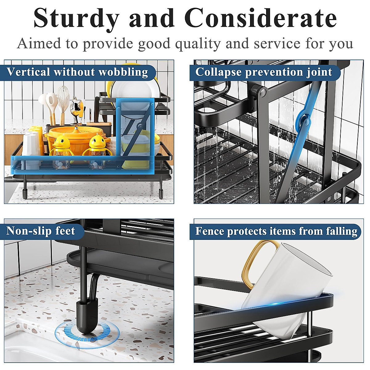 Dish Drying Rack - Large 2 Tier Dish Racks for Kitchen Counter, Collapsible Dish Drainer with Utensil Holder for Dishes, Knives, Spoons and Forks, Black