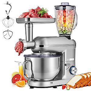 VIVOHOME 3 in 1 Multifunctional Stand Mixer with 6 Quart Stainless Steel Bowl, 650W 6 Speed Tilt-Head Meat Grinder, Juice Blender, Silver
