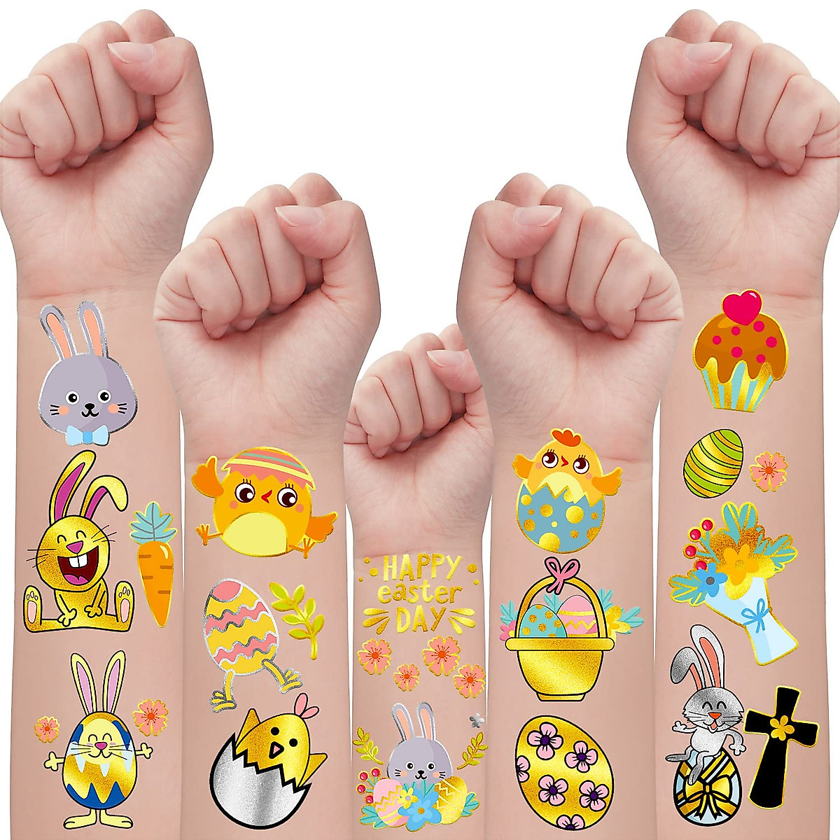 34 Metallic Glitter Styles Easter Temporary Tattoos for Kids, Easter Eggs Decorations Party Supplies Favors, Easter Tattoos Stickers for Boys and Girls (2 Sheets)