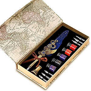 CunMei Vintage Punk Quill Pen Ink Set-Mechanical Quill Pen,5 Color Ink Calligraphy Pen Ink Set,6 Replaceable Dip Pen Nibs-Basic Calligraphy Kit-for Beginners and Calligraphy Lovers (Blue)