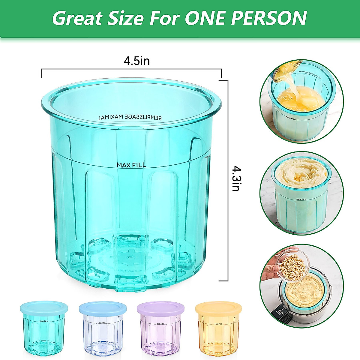 FENKOA Containers Replacement Ice Creami Pints and Lids, 16oz Containers Compatible with Ninja NC301 NC300 NC299AMZ Series Ice Cream Maker - BPA Free - Dishwasher Safe (Green,Blue,Purple,Yellow)