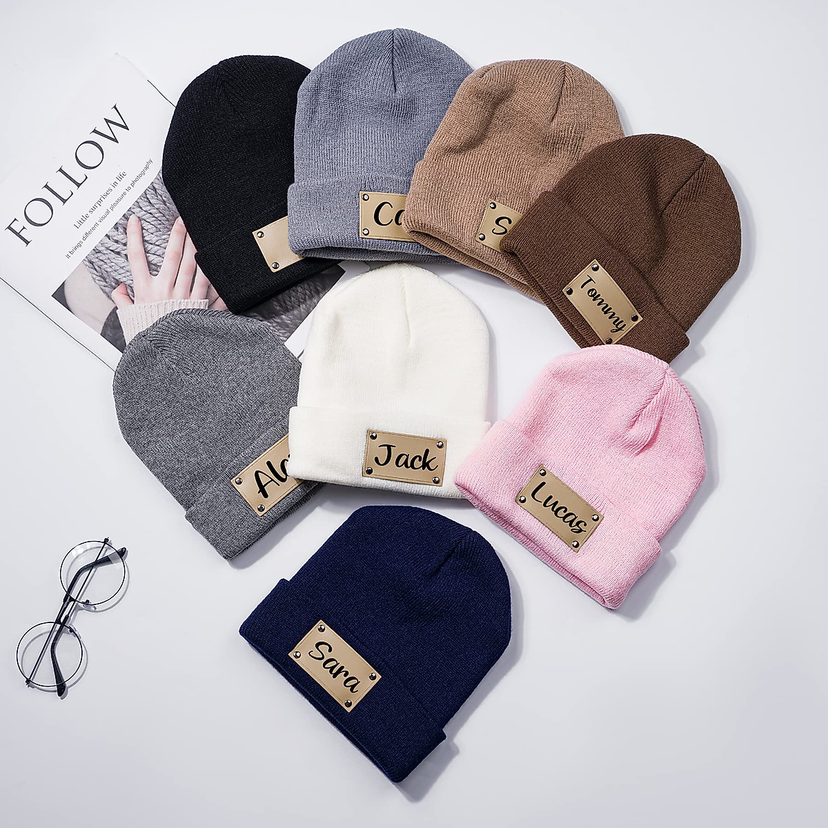 Personalized Beanie Hats, Custom Leather Patch Knitted Beanies Infant Toddler Kids Youth Child Baby Newborn Adult Beanie