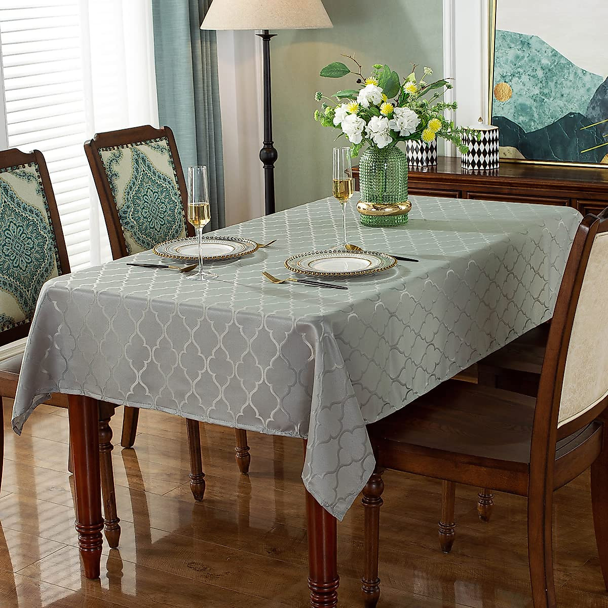 Jacquard Tablecloth Flower Pattern Polyester Table Cloth Spill Proof Dust-Proof Wrinkle Resistant Table Cover for Kitchen Dining Tabletop Decoration (Rectangle/Oblong, 52" x 70" (4-6 Seats),Gray)