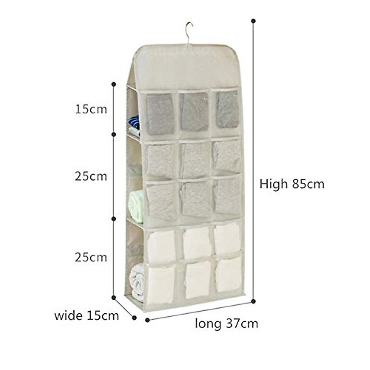LCXEGO Dual Side Closet Hanging Organizer,3 Shelf Hanging Closet Organizer with Rotating Hanger and Mesh Pocket Bra Underwear Socks Towel Handbag Storage Oxford Bags (3+5+15Pockets, Gray)