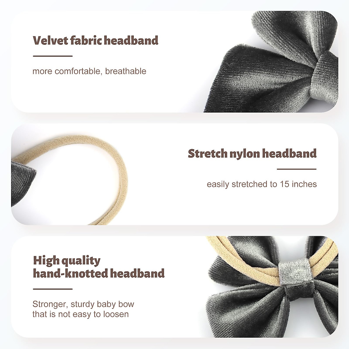 YanJie Baby Velvet Bow Headbands - 3 Pack Cotton Nylon Headband Baby Photography Hair Bow (SS black velvet)