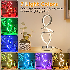 Mayful Modern Table Lamp, RGB Table Lamp，LED Spiral Lamp, Silver Bedside Lamp with 7 Colors 10 Light Modes, Touch Dimmable Nightstand Lamp for Bedroom Living Room Home Office, 15W