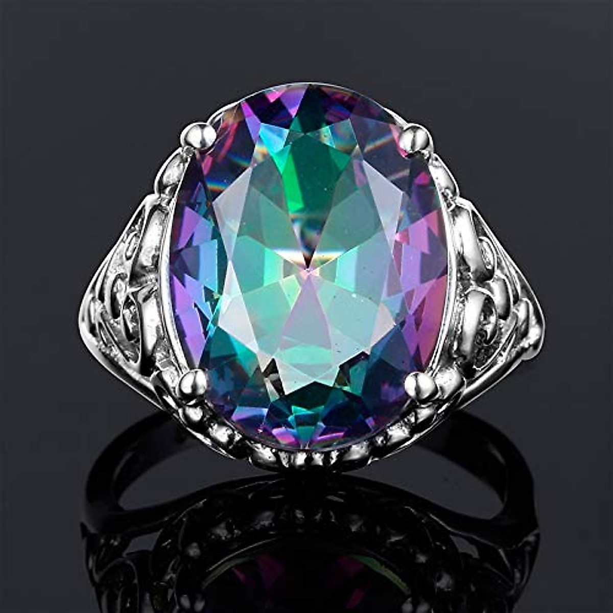 SzjinAo Women Sterling Silver 6ct Round Mystic Fire Rainbow Topaz Stone Vintage Design Engagement Jewelry Valentine's Day New Year Ring (7-)