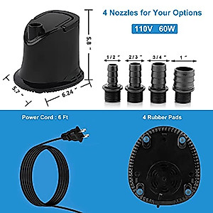 Hachtecpet Submersible Fountain Water Pump: 810 GPH 60W Ultra Quiet Adjustable Flow Pond Pump for Garden |Aquarium | fish tank | Pool | Hydroponics | Waterfall | with 6ft Power Cord & Portable Handle