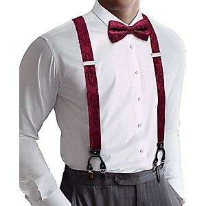 YOHOWA Mens Suspenders Set 6 Clips Strength Adjustable Y-Back Burgundy Braces Pre-Tied Bow Tie Formal Wedding Party