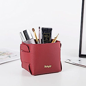 Hekyip Small Pu Leather Multifuctional Organizer, Desktop Organzing Makeup Brush Holder for Living Room, Dressing Table, Office Room (Black+Small Red)