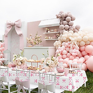 2 Pcs Pink Bow Table Cloth Rectangle Table Party Supplies Bow Theme Disposable Plastic Table Covers Waterproof Coquette Birthday Decorations for Women Girls Bridal Baby Shower Bachelorette Party Decor