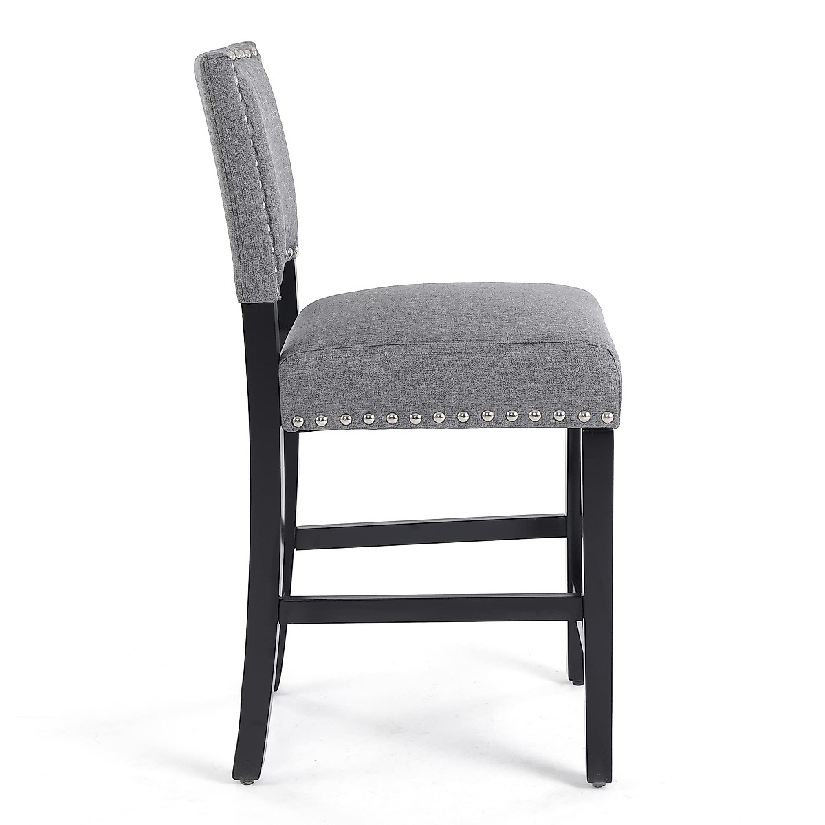 DAGONHIL 24 inch Bar Stools Set of 2, Counter Height Stools, Fabric Upholstered Barstools with Back and Wood Leg, Armless Dining Chairs with Silver Copper Nail for Kitchen Island Pub Living Room(Gray)