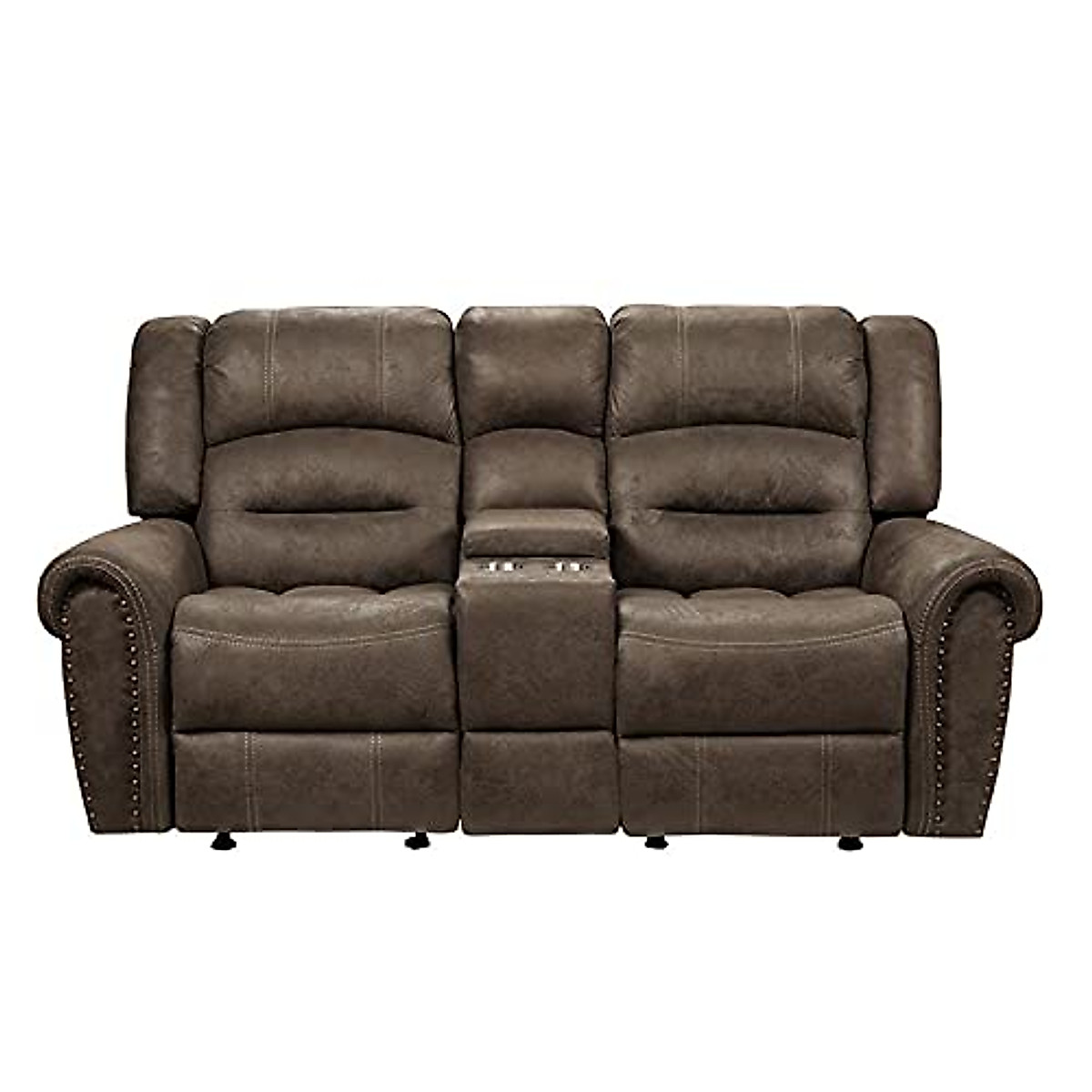 Pemberly Row 80" Microfiber Double Glider Reclining Love Seat in Brown