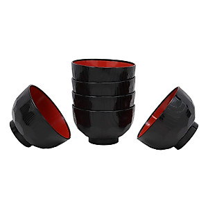 Ebros Gift Made In Japan Traditional Black Red Lacquer Copolymer Plastic Bowl For Rice Salad Miso Soup 4.5"Dia 8oz Japanese Restaurant Supply Bowls Home Kitchen Accessories (Beehive Ridged Pattern, 6)