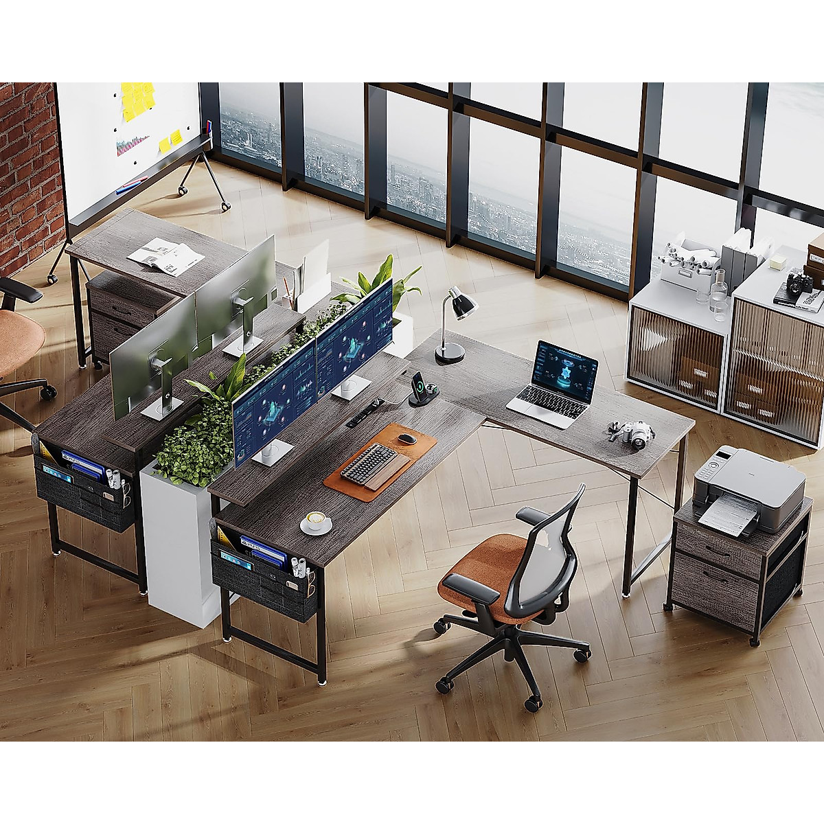 AODK L Shaped Computer Desk, 55" Office Desk with File Cabinet, Power Outlet and Adjustable Monitor Stand, Executive Home Office Furniture Set, Reversible Corner Desk with Storage Bag, Oak Grey