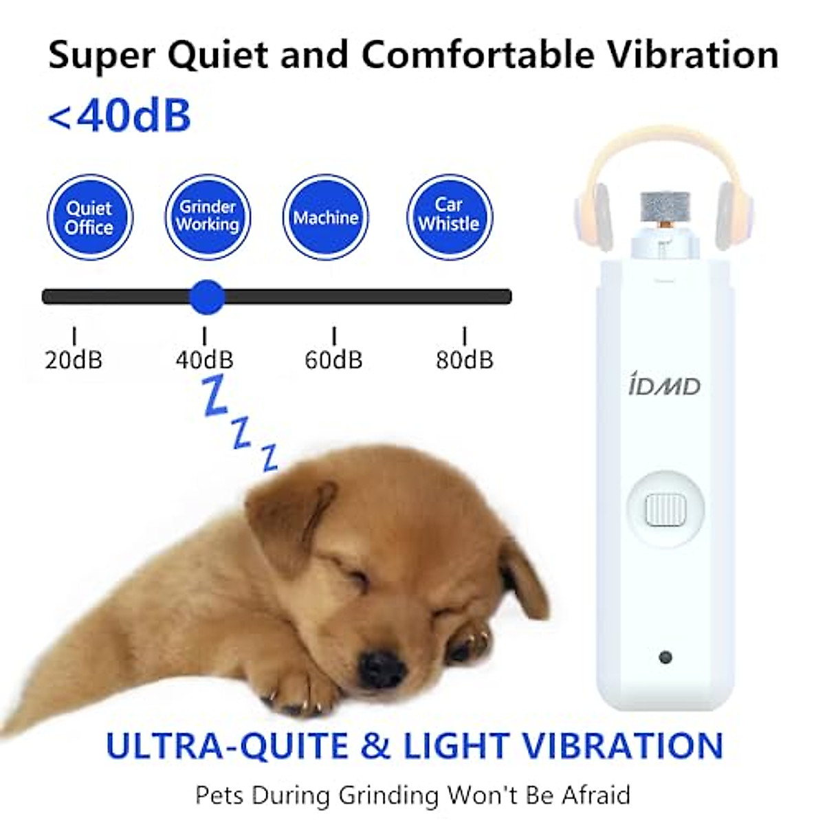 IDMD dog nail trimmers-Powerful 2-Speed dog nail grinder-with safe LED lighting and battery capacity indicator light & type-c USB rechargeable quiet pet nail grinder clipper for dogs/cats(White)